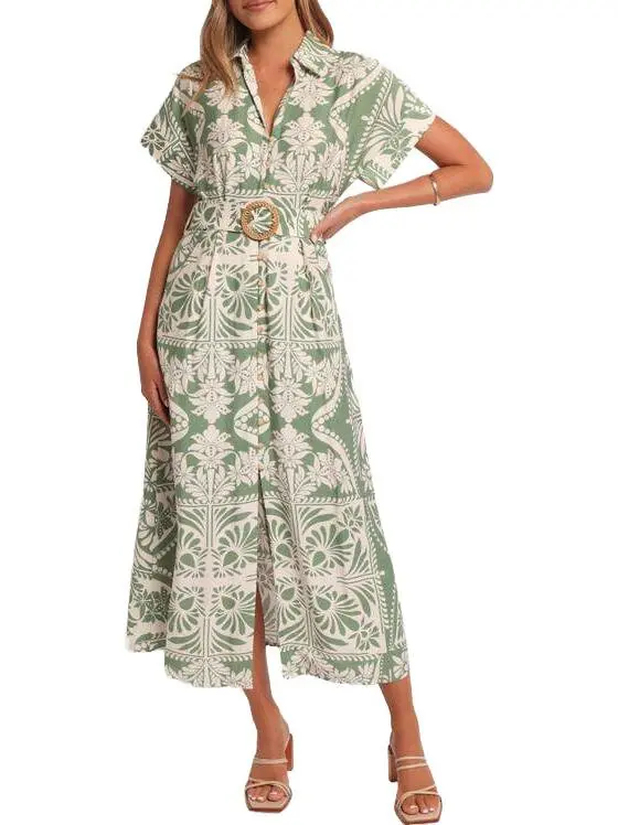 PETAL & PUP Printed Button-up Midi Dress With Belt - Green Floral