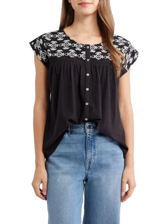 Lucky Brand Embroidered Sleeveless Top - Meteorite