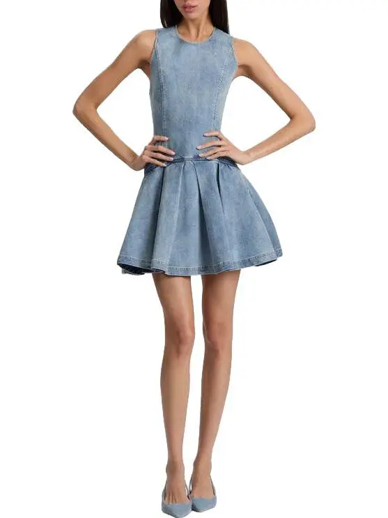Alice + Olivia Adley Pleated Denim Minidress - Anabell Blue