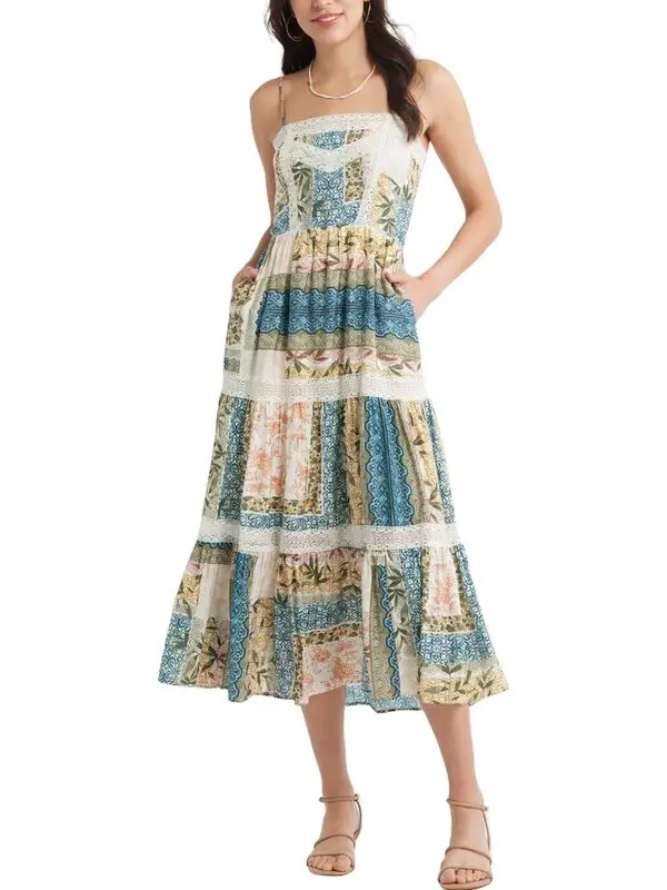 Chelsea28 Lace Inset Patchwork Midi Dress - Blue Print Mix