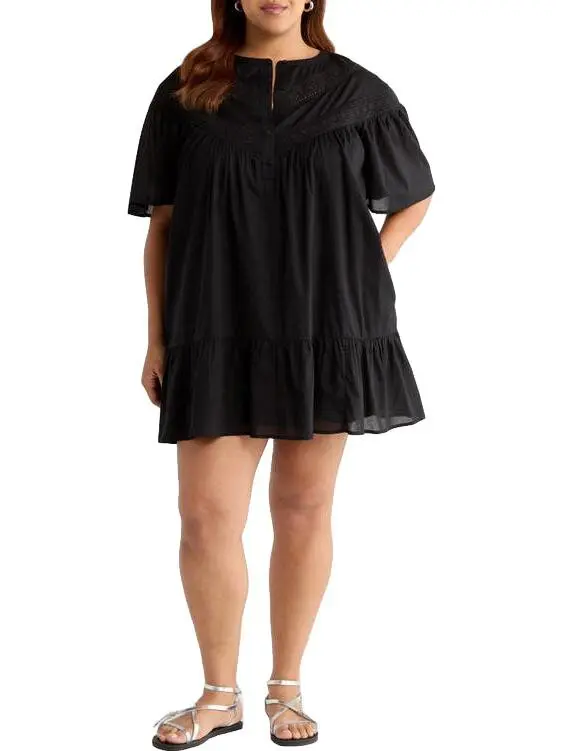Treasure & Bond Lace Yoke Cotton Shift Dress - Black