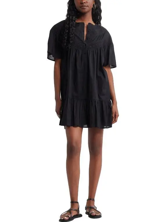 Treasure & Bond Lace Yoke Cotton Shift Dress - Black
