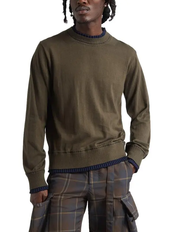 Sacai Layered Cotton And Cashmere Crewneck Sweater - Khaki/navy