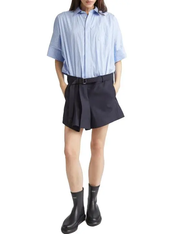 Sacai Mixed Media Shirtdress - Light Blue/stripe Navy