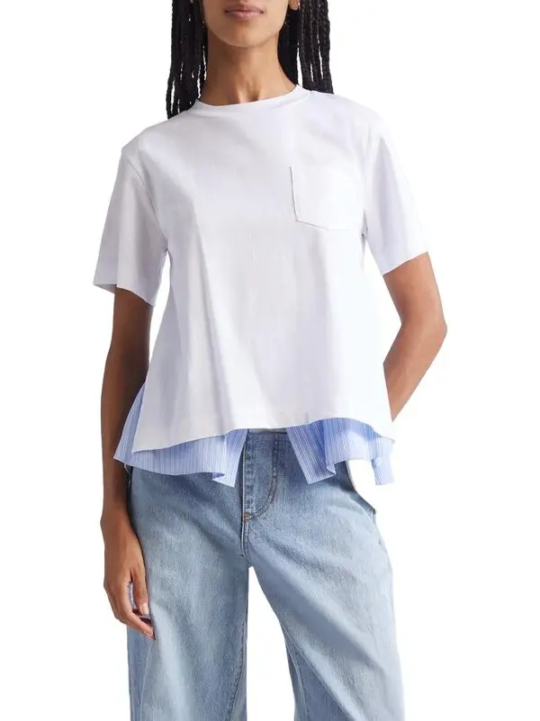 Sacai Mixed Media Jersey & Poplin Pocket T-shirt - White/light Blue Stripe