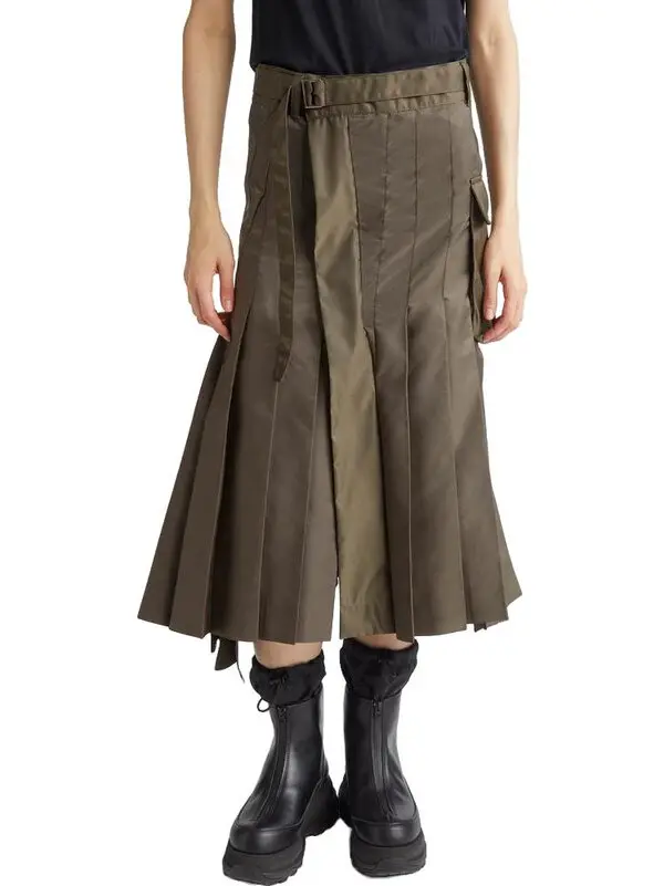 Sacai Belted Pleated Midi Skirt - Dark Khaki