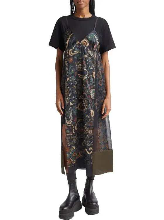 Sacai Floral Print Slipdress Overlay T-shirt Dress - Black/navy