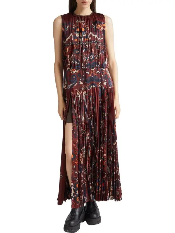 Sacai Floral Sleeveless Gathered & Pleated Dress - Bordeaux