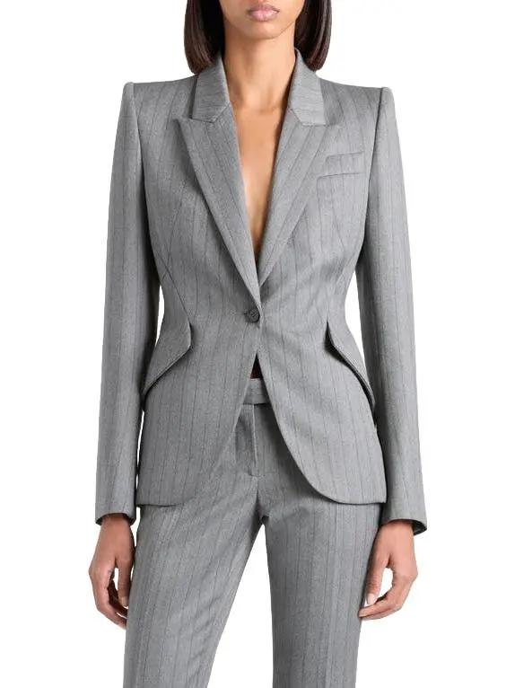 Alexander McQueen T-bar Herringbone Wool Blazer - Grey