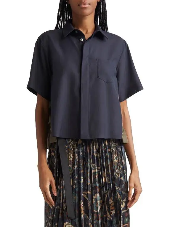 Sacai Suiting Fabric Mix Button-up Camp Shirt - Navy/dark Khaki
