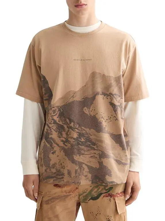 Scotch & Soda Loose Fit Mountain Print Overdye Cotton T-shirt - Tannin