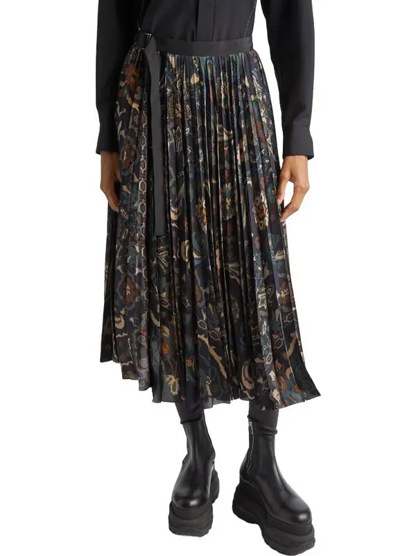 Sacai Floral Print Pleated Midi Skirt - Navy