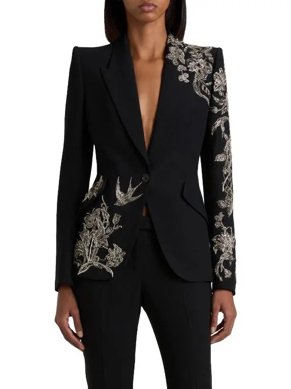 Alexander McQueen Tattoo Embroidery Peak Shoulder Crepe Blazer - Black