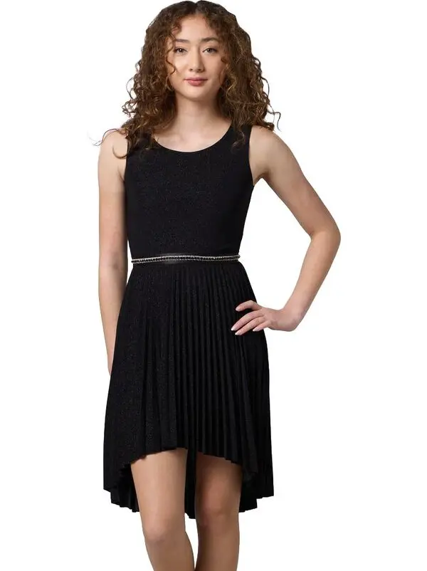 UN DEUX TROIS Glitter Pleated High Low Dress With Belt - Black