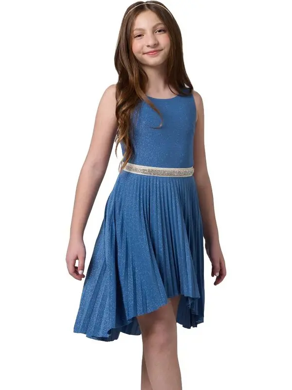 UN DEUX TROIS Glitter Pleated High Low Dress With Belt - Blue