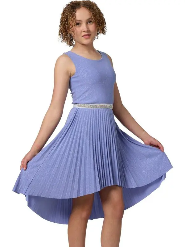 UN DEUX TROIS Glitter Pleated High Low Dress With Belt - Denim