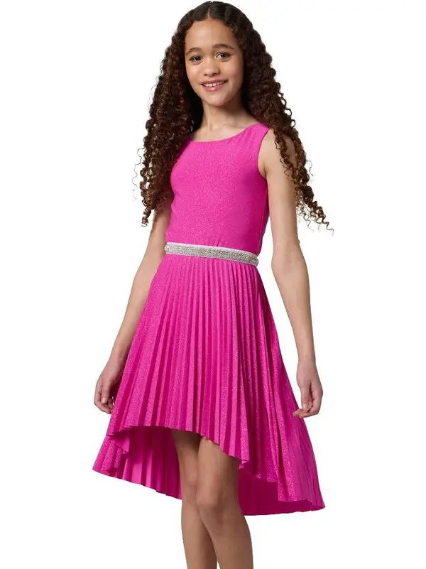 UN DEUX TROIS Glitter Pleated High Low Dress With Belt - Fuchsia