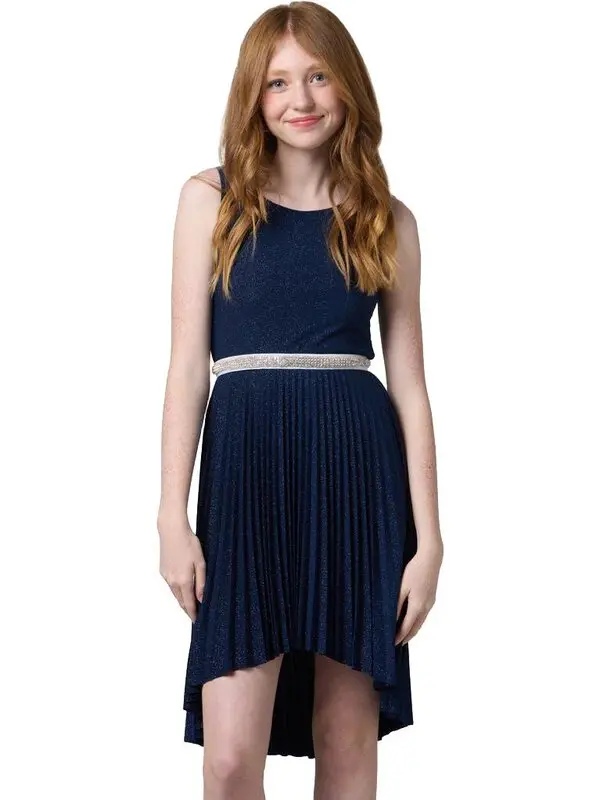 UN DEUX TROIS Glitter Pleated High Low Dress With Belt - Navy