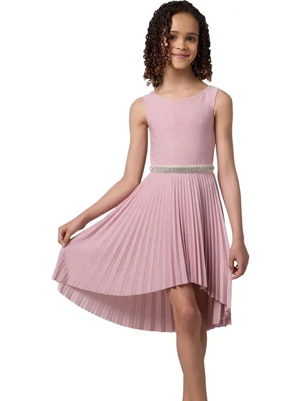 UN DEUX TROIS Glitter Pleated High Low Dress With Belt - Rose