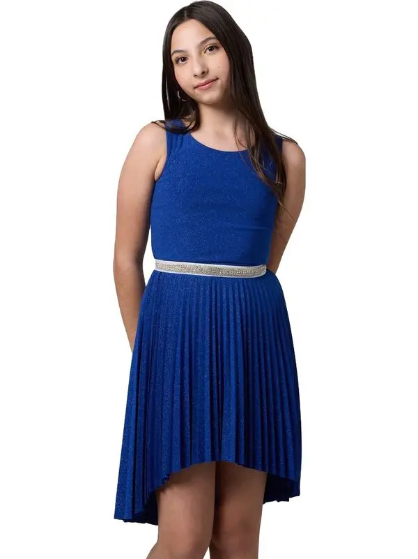 UN DEUX TROIS Glitter Pleated High Low Dress With Belt - Royal