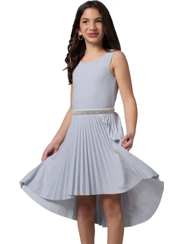 UN DEUX TROIS Glitter Pleated High Low Dress With Belt - Silver