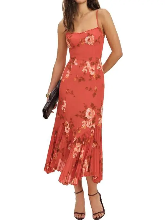REFORMATION Floral Pleated Hem Bustier Slipdress - Coral Bloom