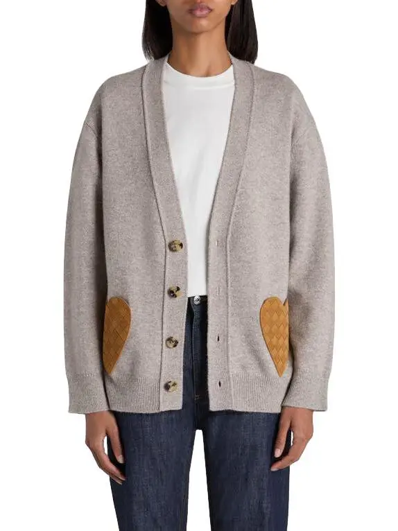 Bottega Veneta Cashmere Blend Cardigan With Intrecciato Suede Hearts - 1502 Stone Melange