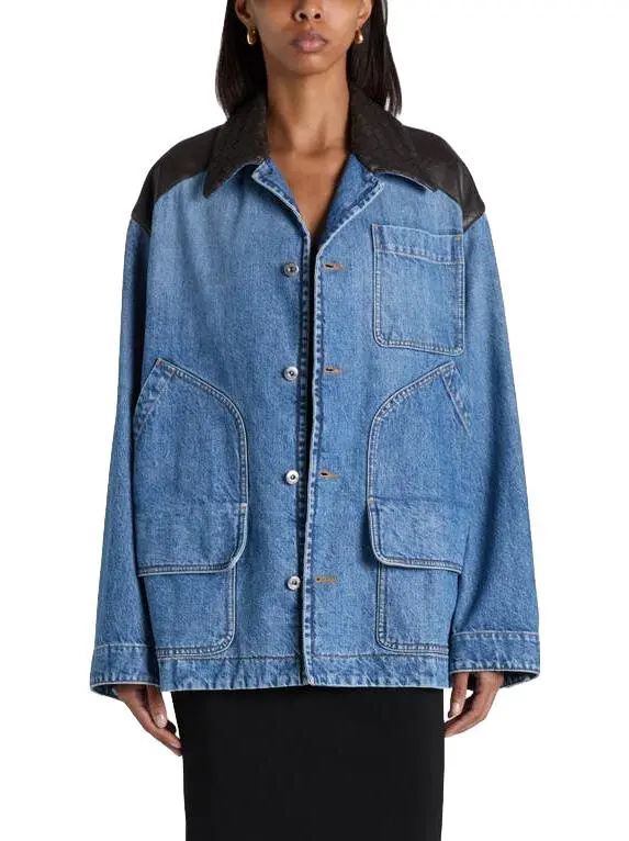 Bottega Veneta Intrecciato Collar Oversize Denim Jacket - Mid Blue