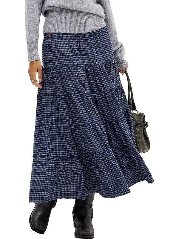 BDG URBAN OUTFITTERS Becks Smocked Tiered Cotton Midi Skirt - Blue