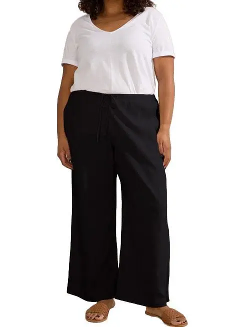 LIVE UNLIMITED Linen Blend Full Length Drawstring Pants - Black