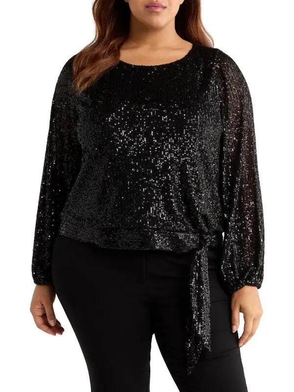 TAHARI ASL Sequin Tie Hem Top - Black