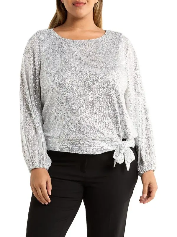TAHARI ASL Sequin Tie Hem Top - Silver