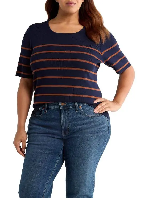 TAHARI ASL Striped Short-sleeve Sweater - Navy Tawny