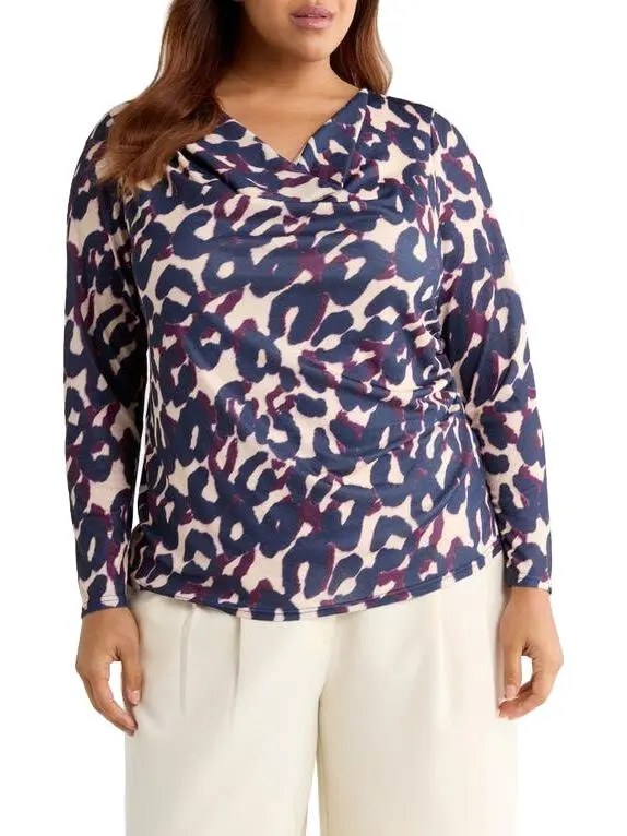 TAHARI ASL Cowl Neck Long-sleeve Top - Navy/plum Leopard