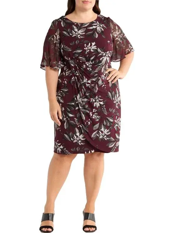CONNECTED APPAREL Floral Flutter Sleeve Dress - Bordeaux