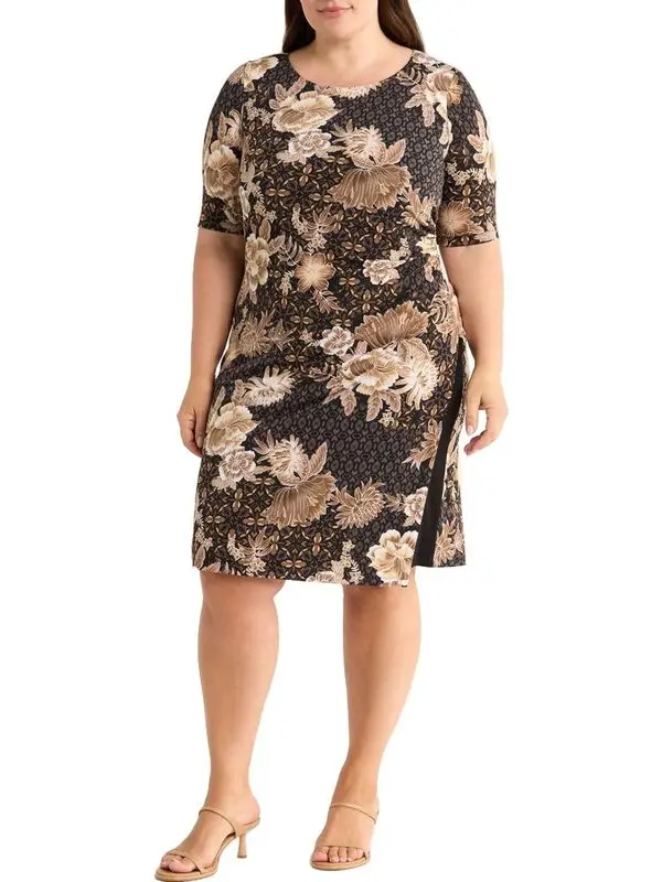 CONNECTED APPAREL Print Shirred Dress - Taupe