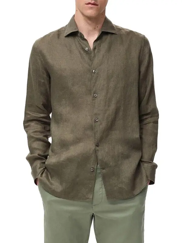 Mango Slim Fit Linen Button-up Shirt - Khaki Green
