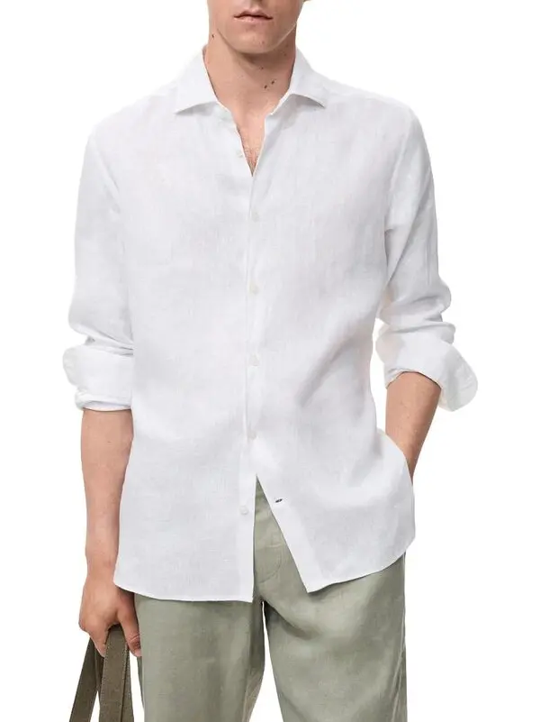 Mango Slim Fit Linen Button-up Shirt - White