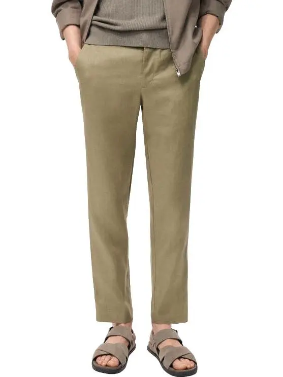 Mango Slim Fit Flat Front Linen Trousers - Khaki Green