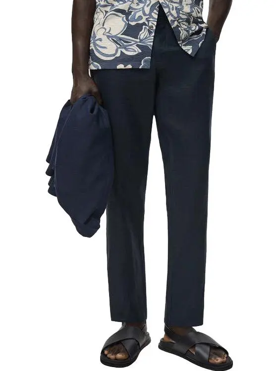 Mango Slim Fit Flat Front Linen Trousers - Navy