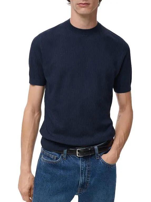 Mango Rib Knit T-shirt - Navy