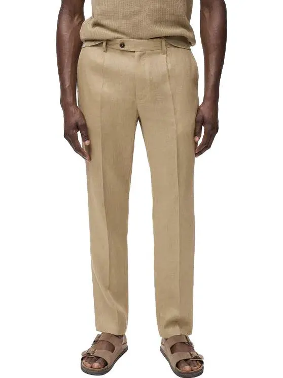 Mango Slim-fit Pleated Linen Dress Pants - Beige