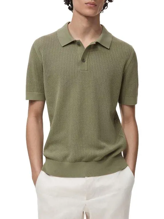 Mango Openwork Knit Cotton Polo - Green