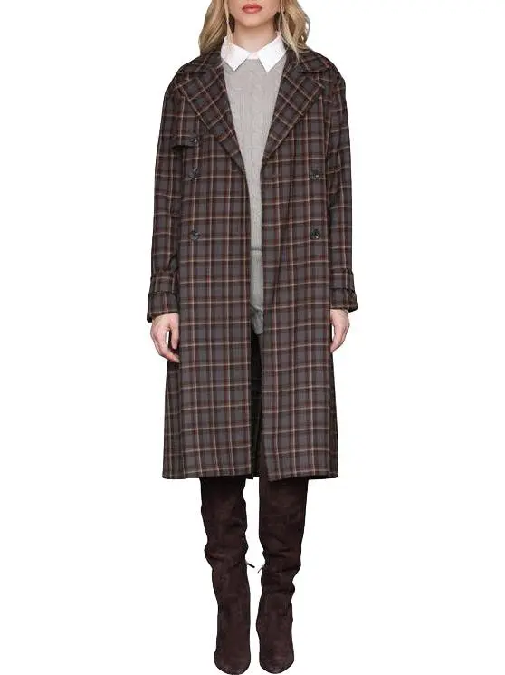 Avec Les Filles Plaid Belted Trench Coat With Button Detail - Grey-brown Plaid