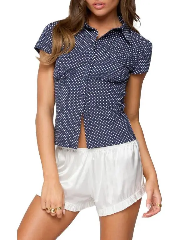 EDIKTED Polka Dot Cotton Button-up Shirt - Navy
