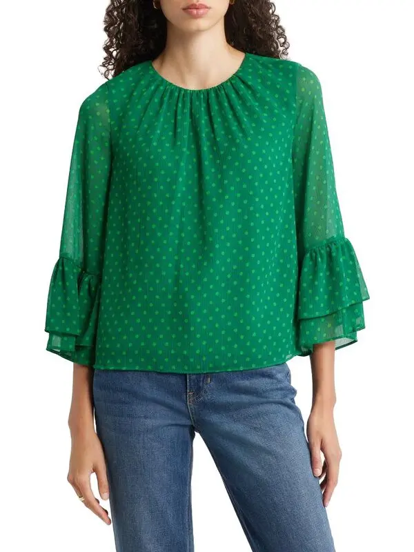 Halogen Polka Dot Ruffle Cuff Top - Holly Green