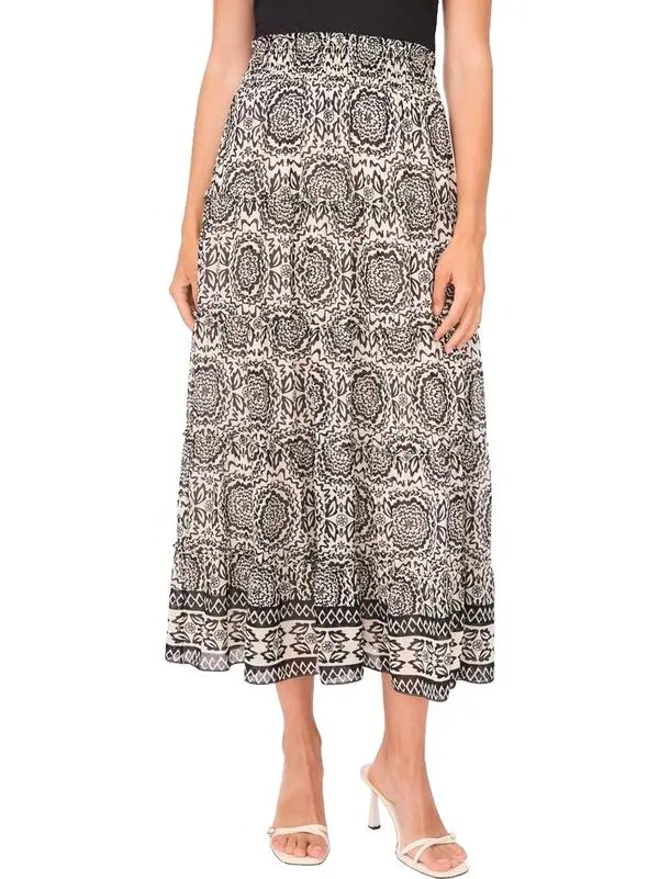 Halogen Tiered Smocked Midi Skirt - Rich Black Print