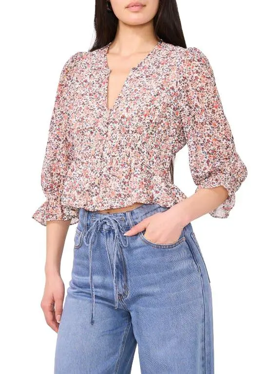 1.State Floral Chiffon Smocked Top - Vanilla Ice