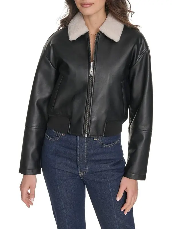 LEVI'S Faux Leather Bomber Jacket With Faux Shearling Collar - Black