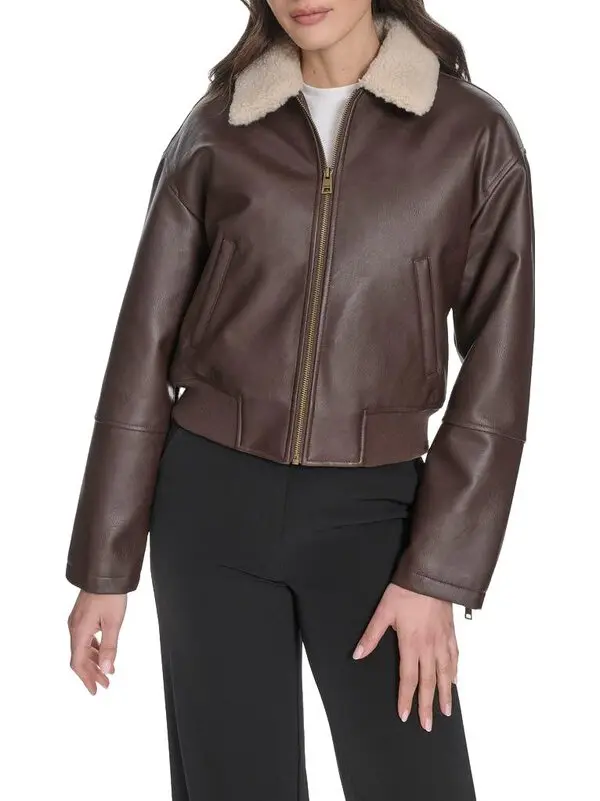 LEVI'S Faux Leather Bomber Jacket With Faux Shearling Collar - Brown